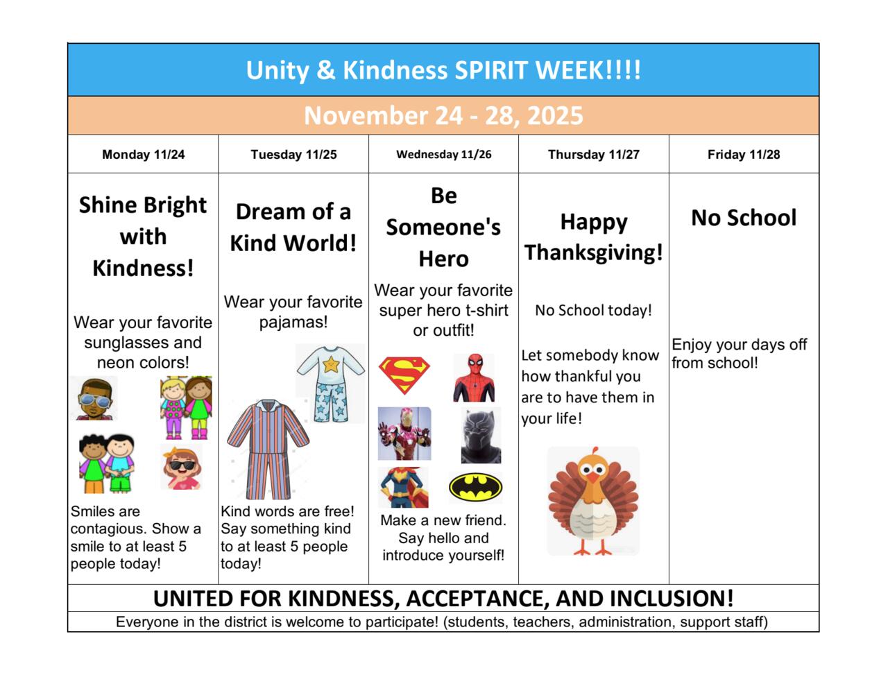 Unity & Kindness Spirit Week November 24 - 26 | Steel Valley Middle School