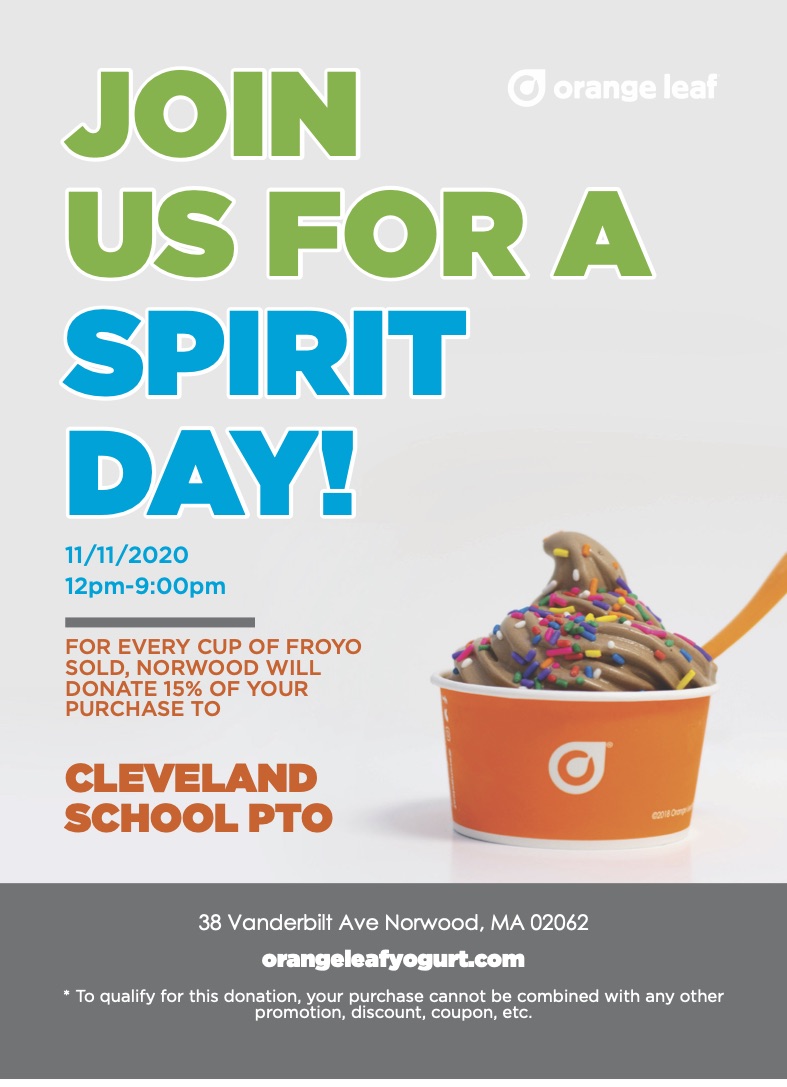 PTO Orange Leaf Fundraiser | November 11, 2020 | Cleveland Elementary ...