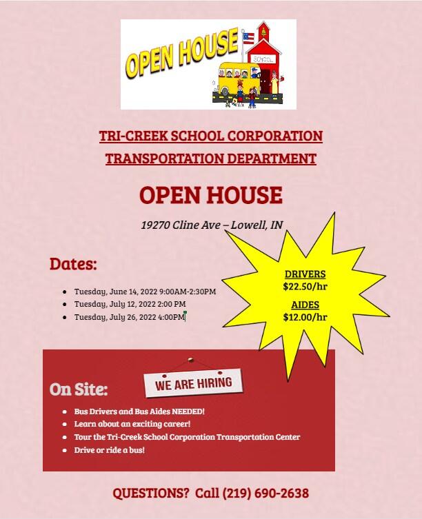 Transportation Open House on Tuesday, July 12 | Tri-Creek School ...