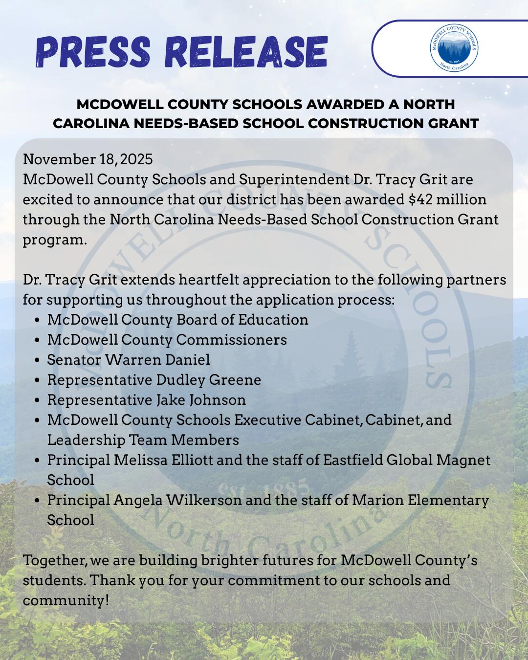Press Release: McDowell County Schools Awarded a North Carolina Needs ...