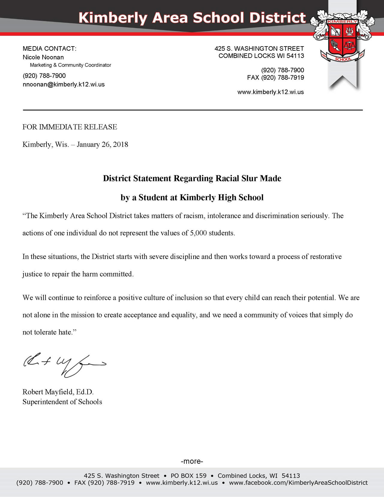 District Statement Regarding Incident at Kimberly High School ...