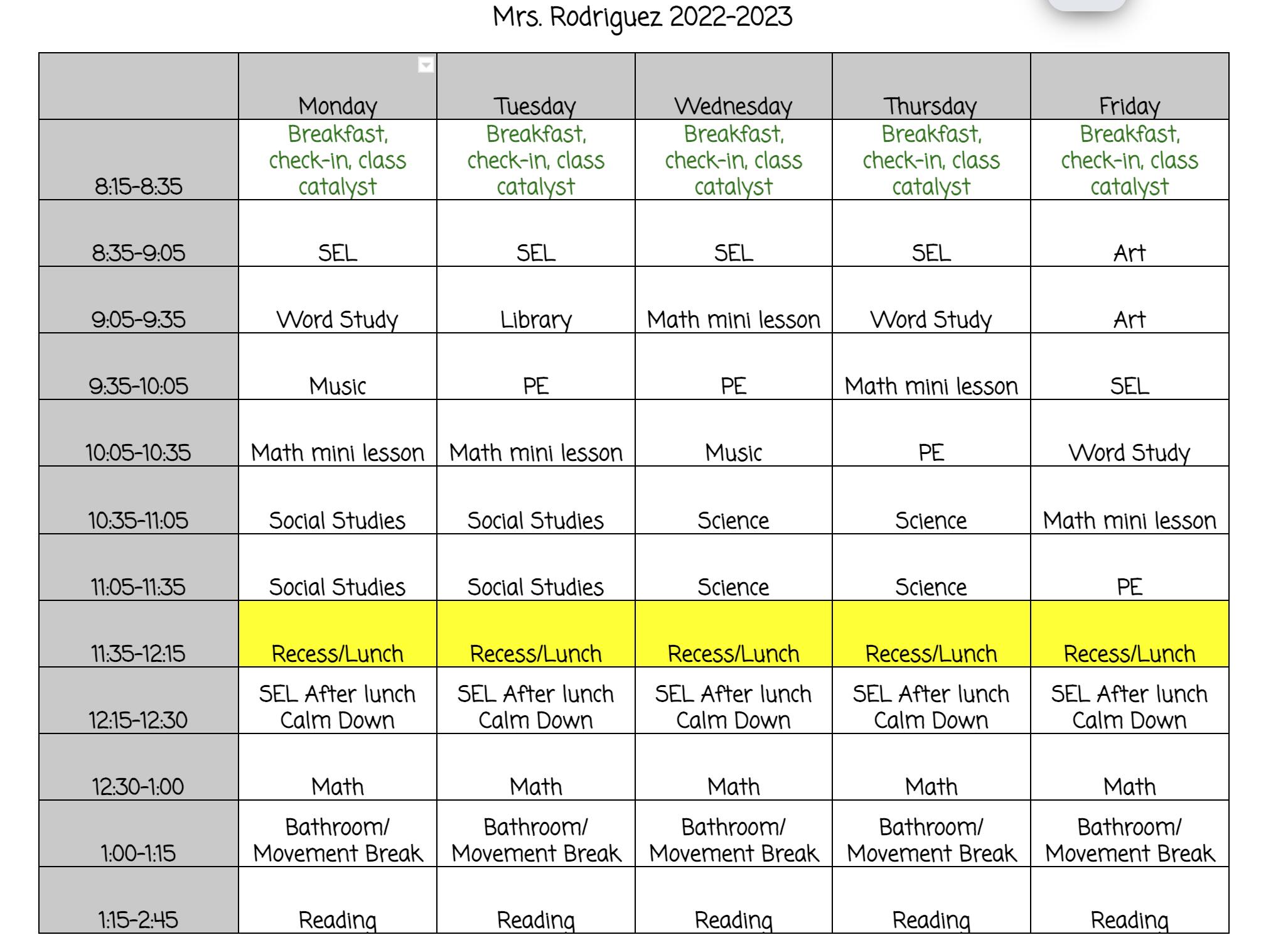 Mrs. Rodriguez's Schedule | Mrs. Rodriguez - 5th Grade